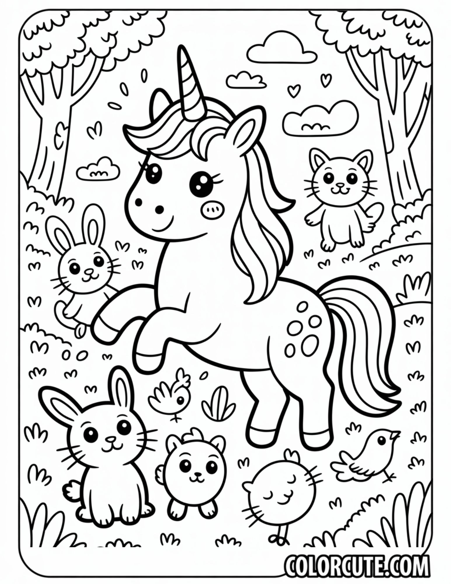 Unicorn and Friends Coloring Pages | Free PDF Printables – Color Cute ...
