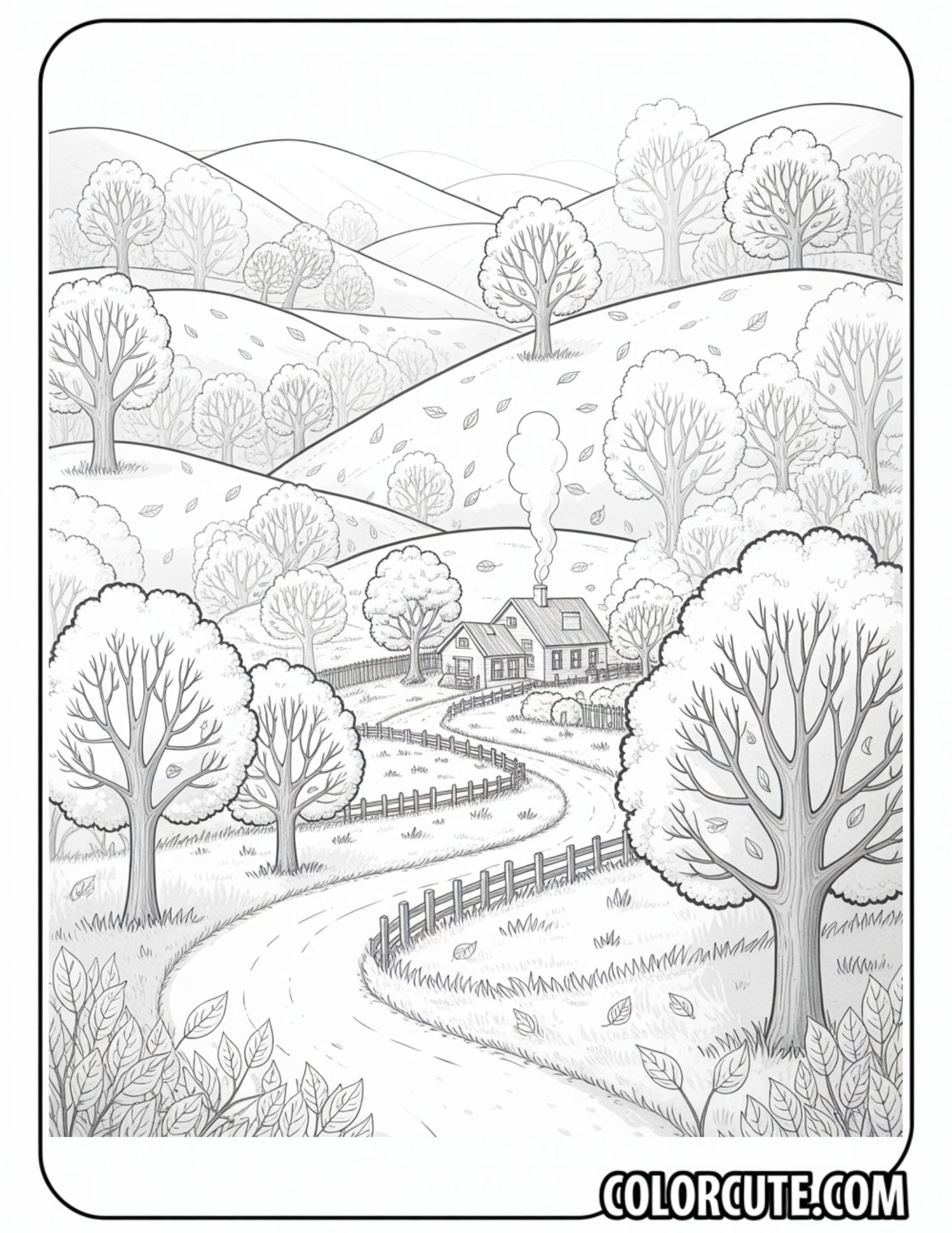 Fall Landscape Coloring Pages | Free PDF Printables – Color Cute - Free ...