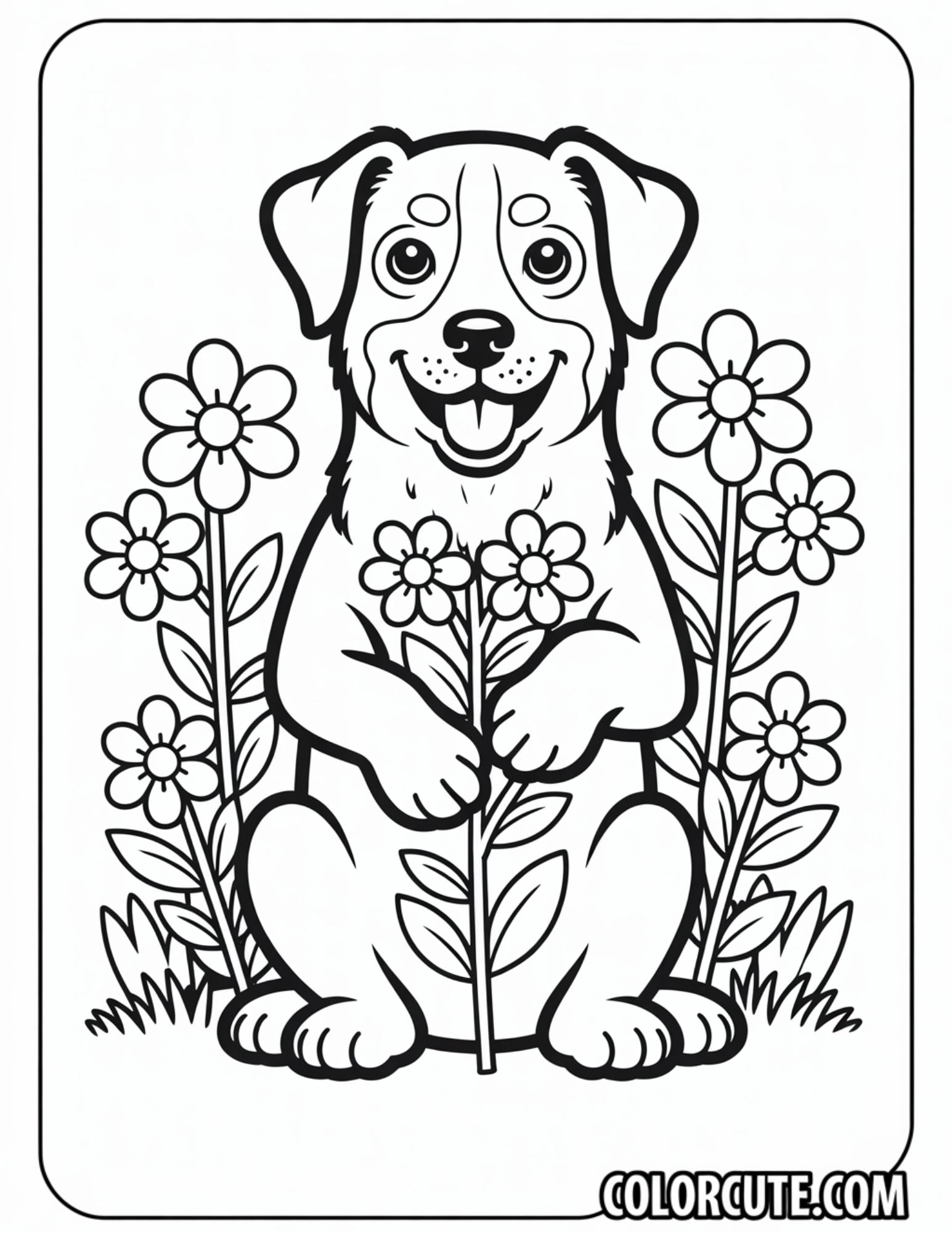 Cute Dog Surrounded by Flowers Coloring Page | Free PDF Printables ...