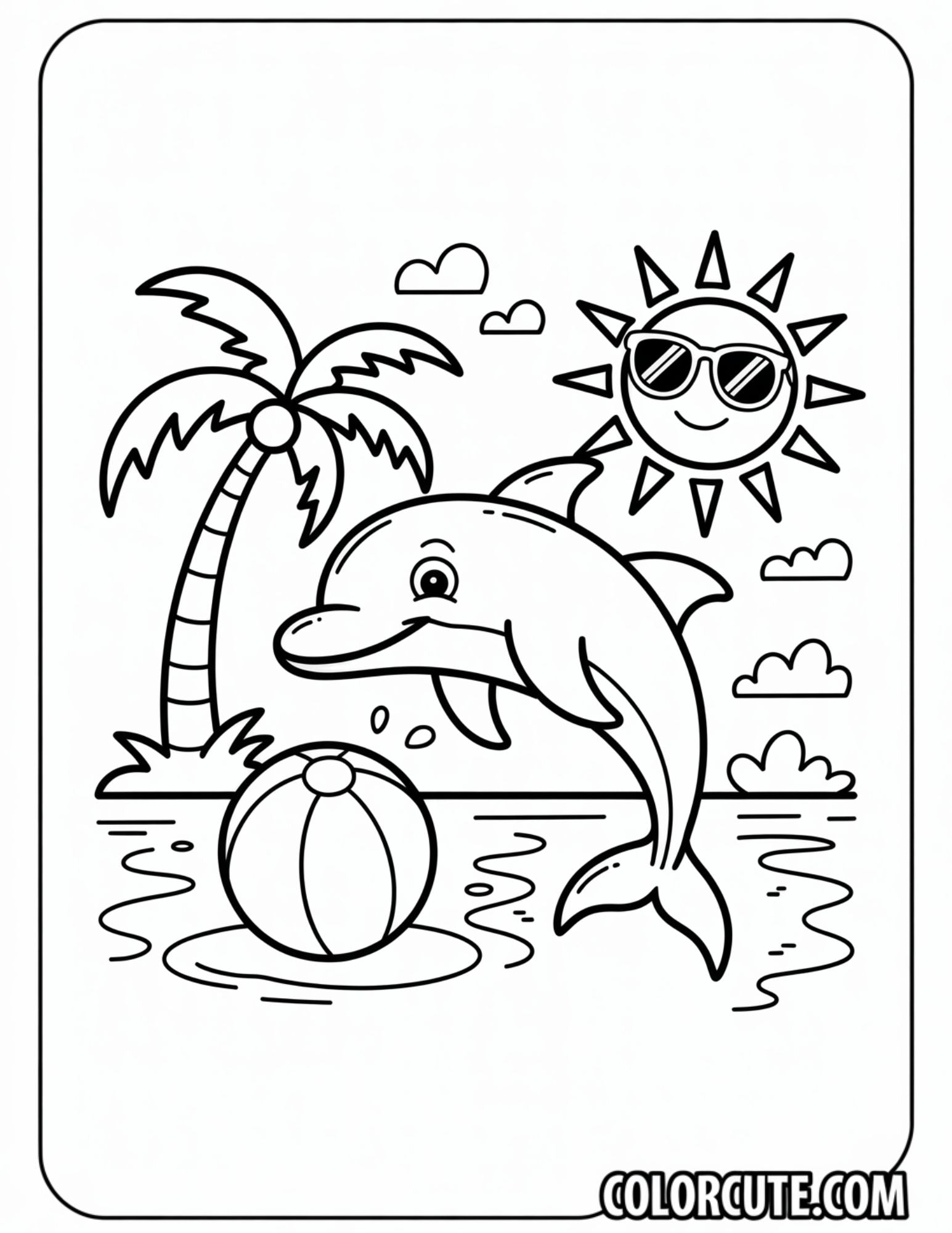 Summer Dolphin on Beach Coloring Page | Free PDF Printables – Color ...