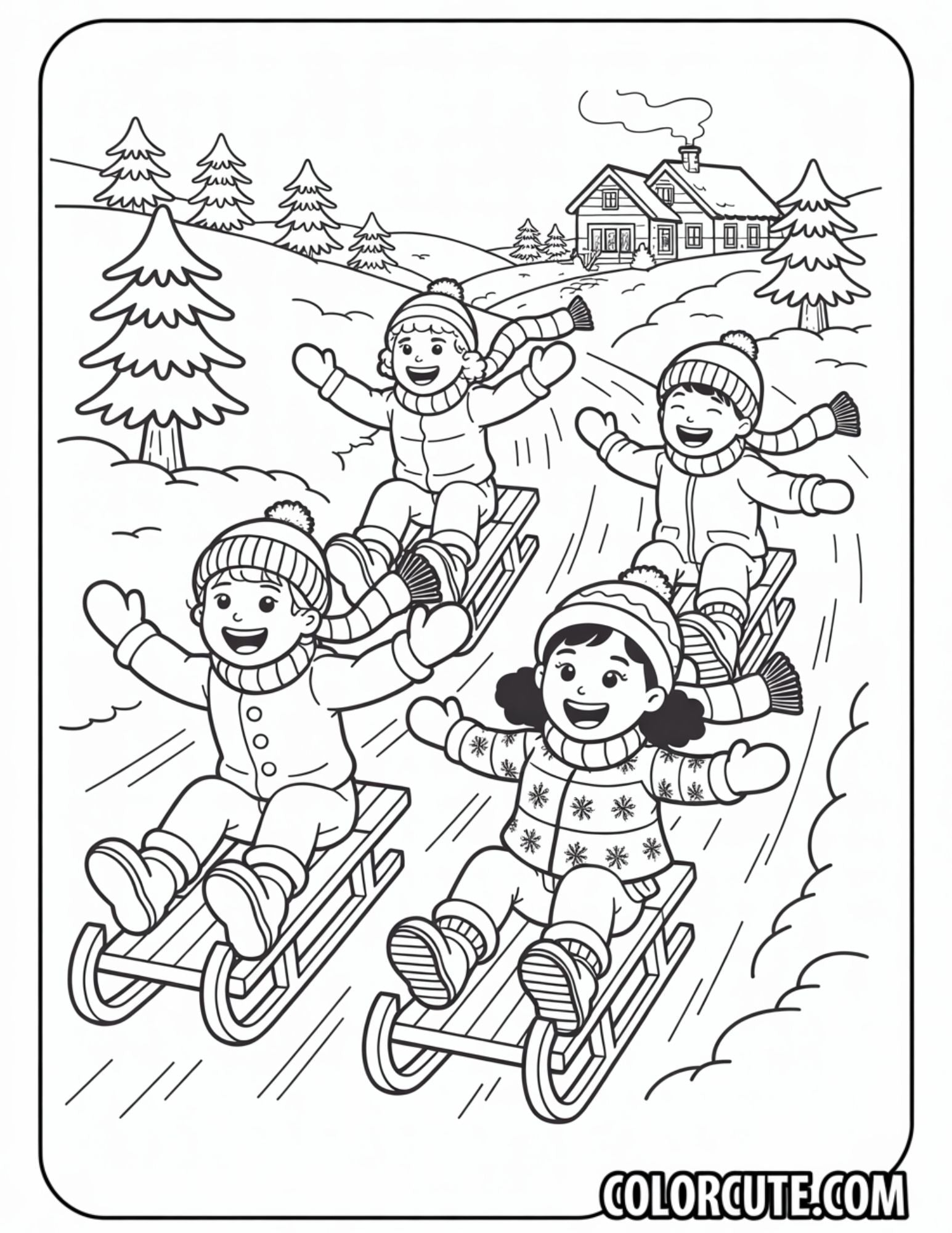Winter Sledding Coloring Pages | Free PDF Printables – Color Cute ...