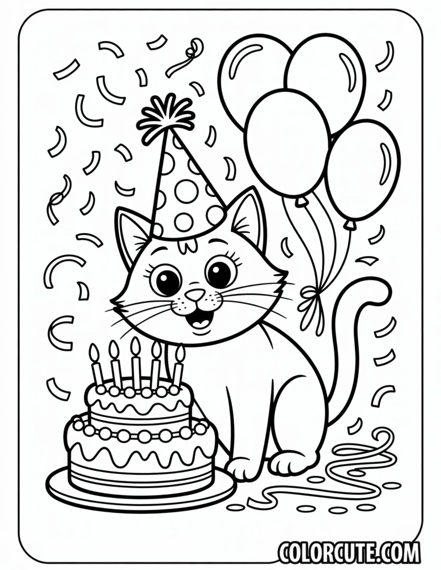 Cat Birthday Coloring Pages | Free PDF Printables – Color Cute - Free ...